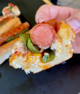 Bacon Wrapped Jalapeno Popper Hot Dogs with Hot Pepper Jelly